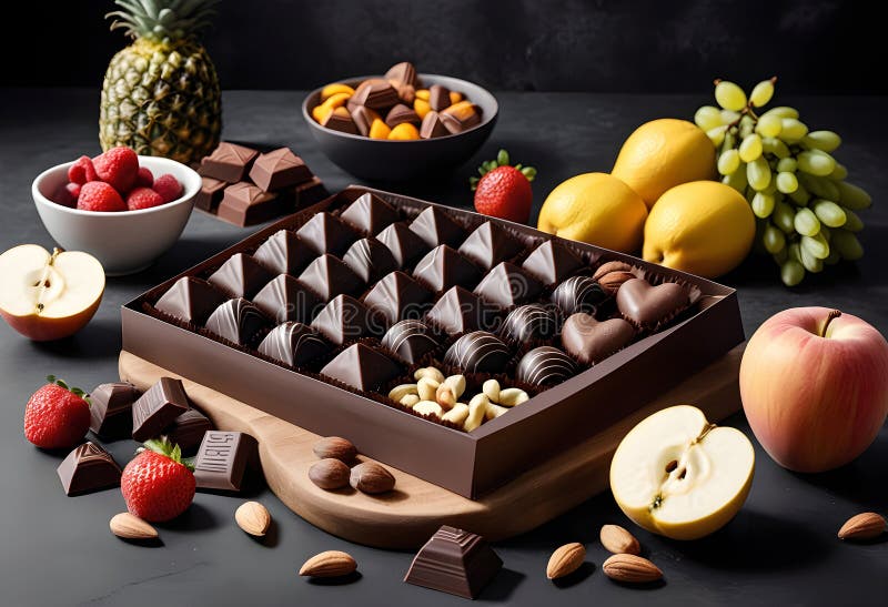 Chocolate and Fruit Assortment on a Black Table Stock Illustration ...