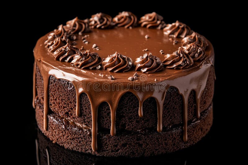 Chocolate Fudge Cake with Dripping Ganache and Chocolate Chips on Black ...