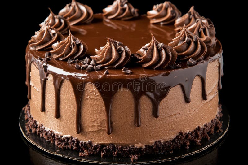 Chocolate Fudge Cake with Dripping Ganache and Chocolate Chips on Black ...