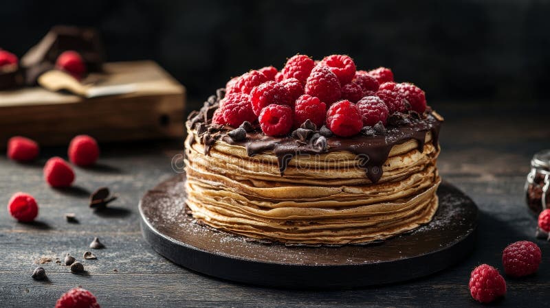 Chocolate Ganache Raspberry Layered Crepe Cake Stock Photos - Free ...