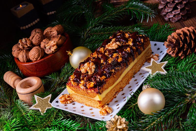 A Chocolate Gingerbread with Filling, Jam and Nuts Stock Photo - Image ...