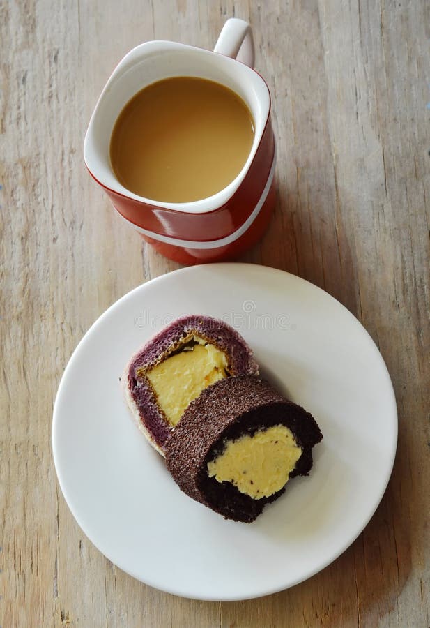 Chocolate and Grape Cake Roll Stuffed Cream Eat Couple with Coffee ...