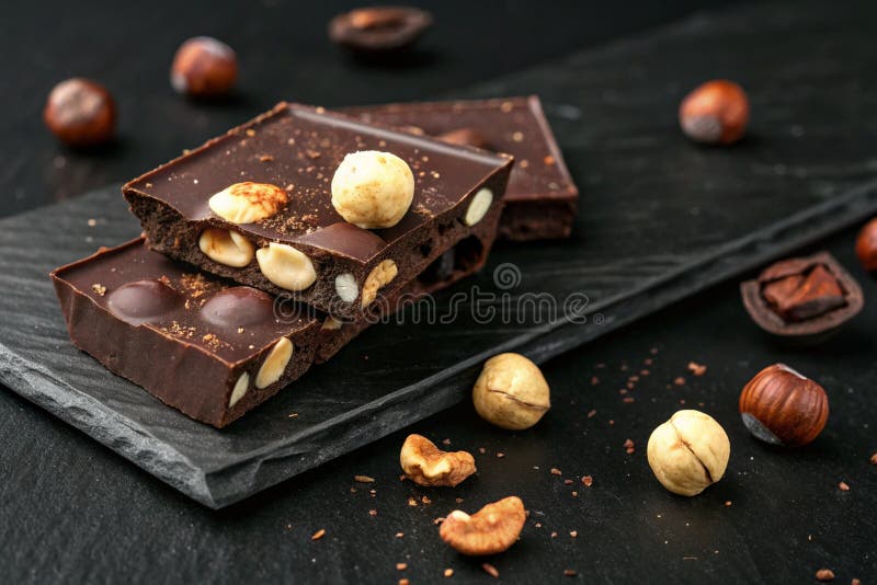 Chocolate with Hazelnuts on a Black Background Stock Illustration ...
