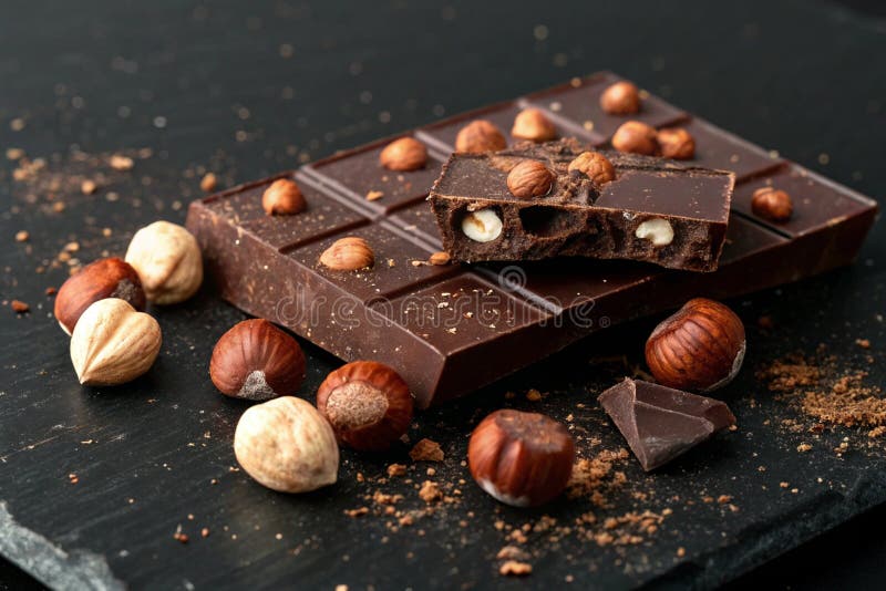 Chocolate with Hazelnuts on a Black Background Stock Illustration ...