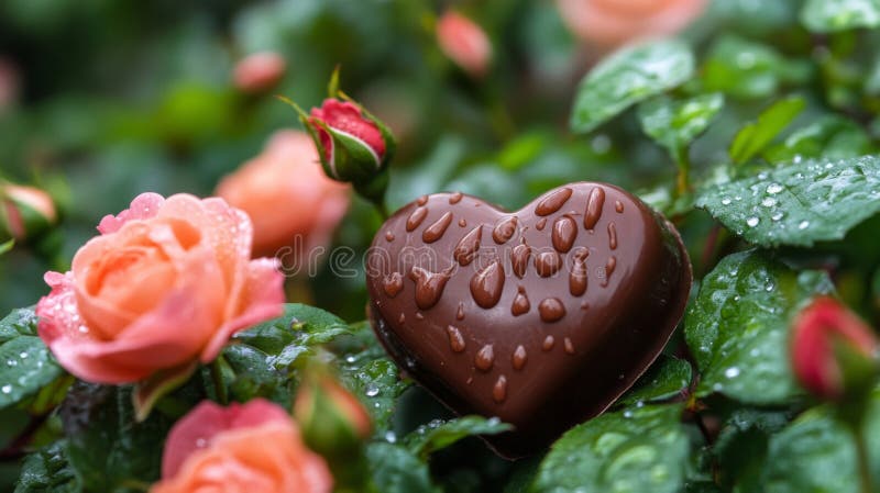 Chocolate Heart Amidst Dewy Roses a Sweet Springtime Scene Stock ...