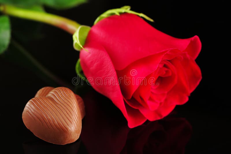 Chocolate Heart with Red Rose Stock Photo - Image of green, chocolate ...