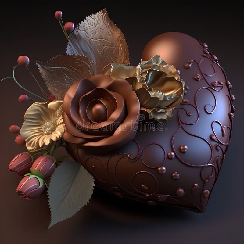 Chocolate Heart with Roses on a Dark Background. 3d Render Stock ...