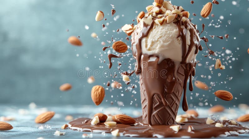 Chocolate Ice Cream Cone with Almonds and Rich Drizzle Explosion Stock ...