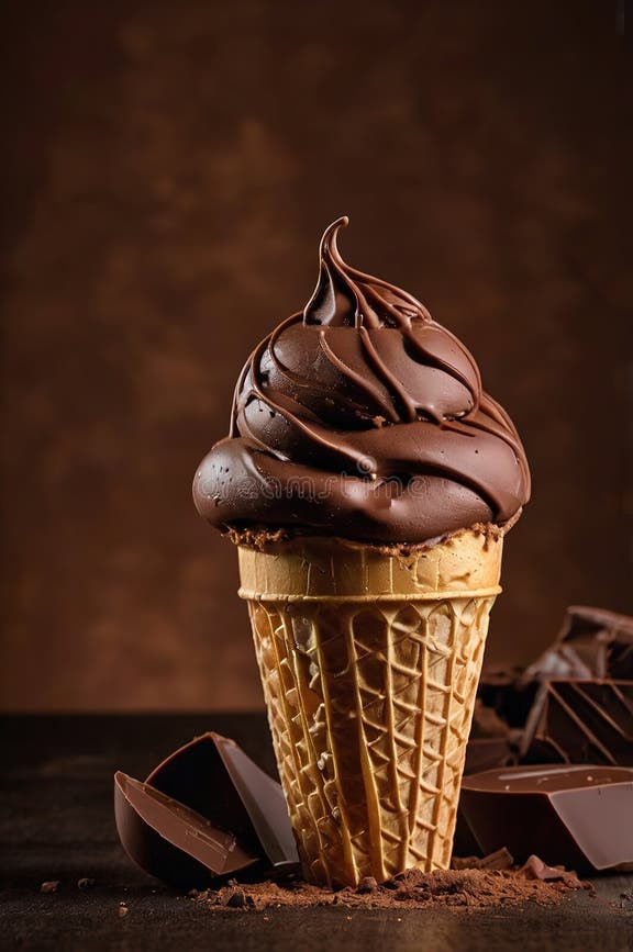 A Chocolate Ice Cream Cone with Chocolate Drizzle on Top Stock ...