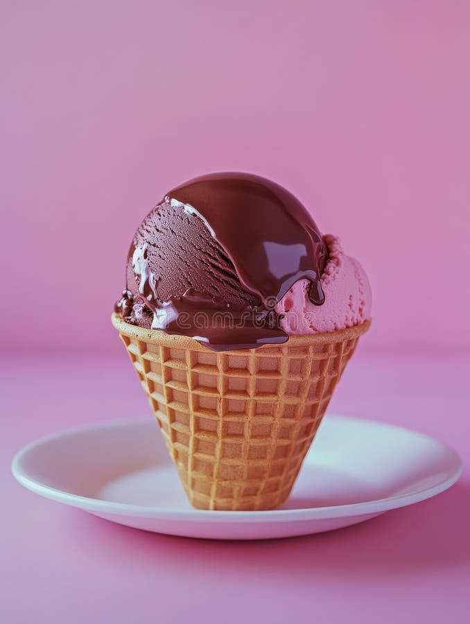 Chocolate Ice Cream Cone on a Pink Background, Tempting Dessert. Stock ...