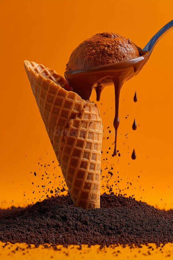 Chocolate Ice Cream Dripping into Waffle Cone Stock Illustration ...