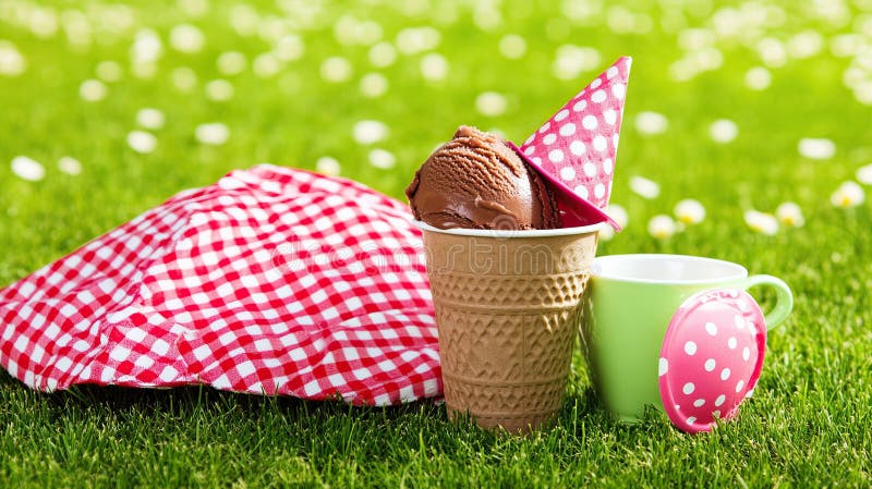 Chocolate Ice Cream Picnic Outdoors, Party Hat, Cups Stock Image ...