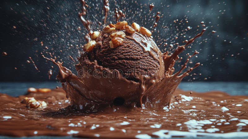 Chocolate Ice Cream Scoop Splash with Walnuts Dramatic Motion Stock ...