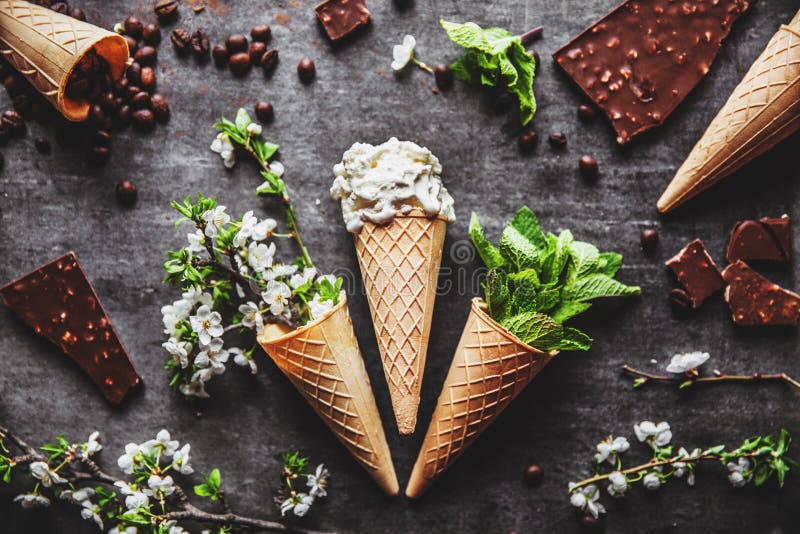 Chocolate Ice Cream and Spring Flowers Stock Image - Image of cream ...
