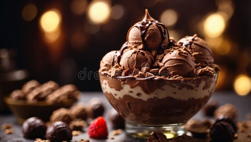 Chocolate Ice Cream Sundae with Unique Toppings Enhanced by Natural ...