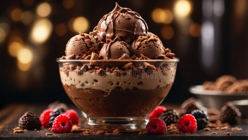 Chocolate Ice Cream Sundae with Unique Toppings Enhanced by Natural ...