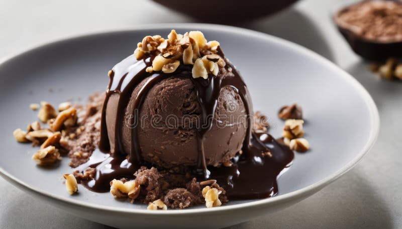 A Chocolate Ice Cream Sundae with Walnuts on a White Plate Stock ...