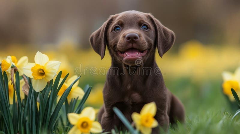 Chocolate Labrador Puppy Amidst Spring Daffodils Stock Illustration ...