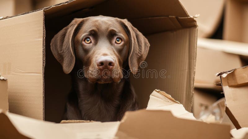 Chocolate Labrador Puppy in Cardboard Boxes Stock Illustration ...