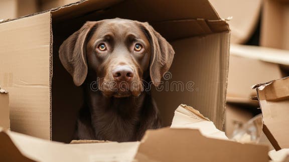 Chocolate Labrador Puppy in Cardboard Boxes Stock Illustration ...