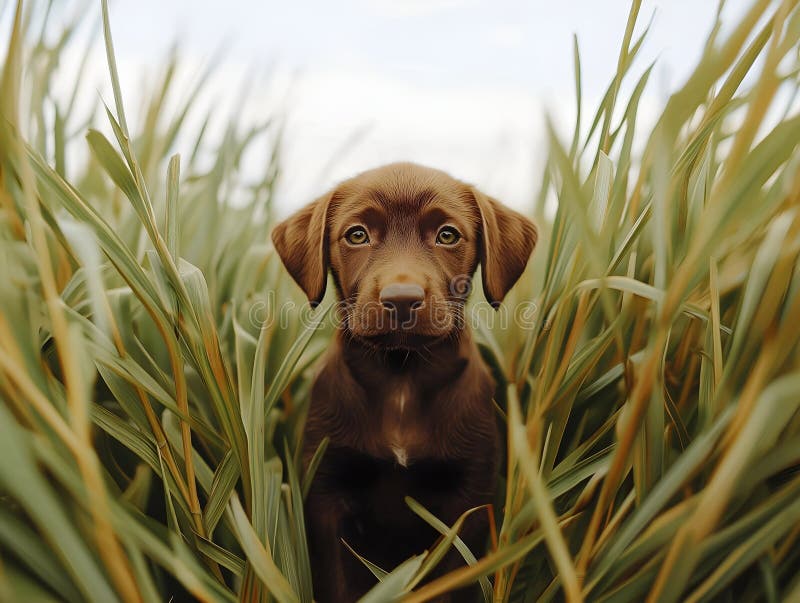 Chocolate Labrador Puppy in Tall Grass Stock Illustration ...