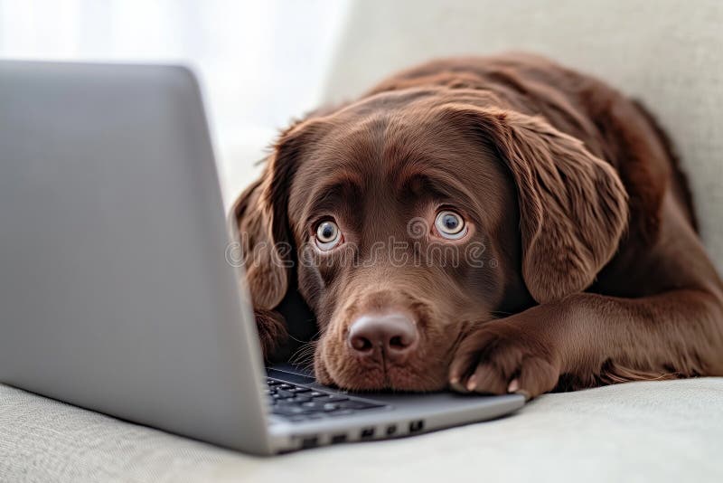 Chocolate Labrador Resting Head on Laptop with Concerned Expression ...