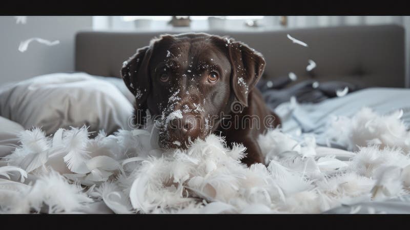 A Chocolate Labrador Retriever Dog Lying in a Pile of White Feathers ...
