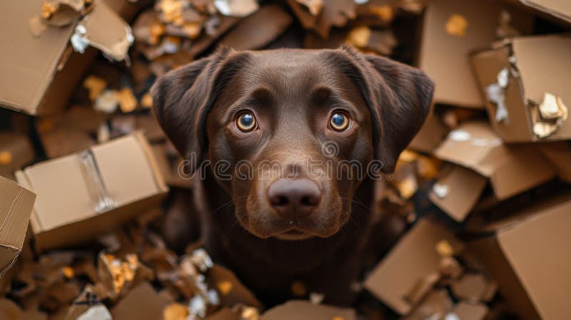 Chocolate Labrador Retriever Puppy Amidst Cardboard Boxes Stock ...