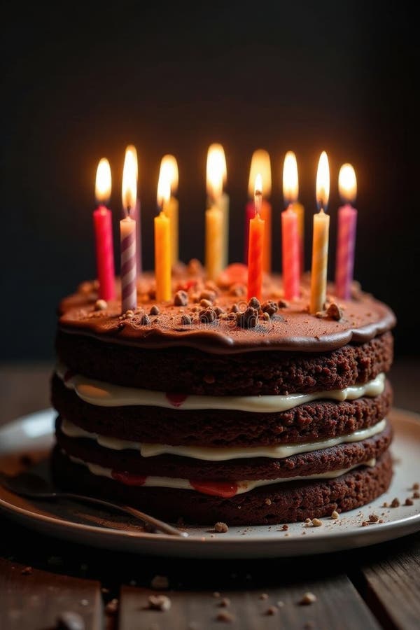 Chocolate Layer Cake with Numerous Burning Candles , Pastry, Number ...