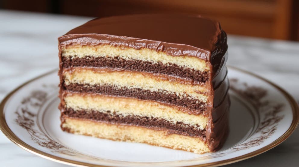 Chocolate Layered Cake Slice on Plate Stock Illustration - Illustration ...