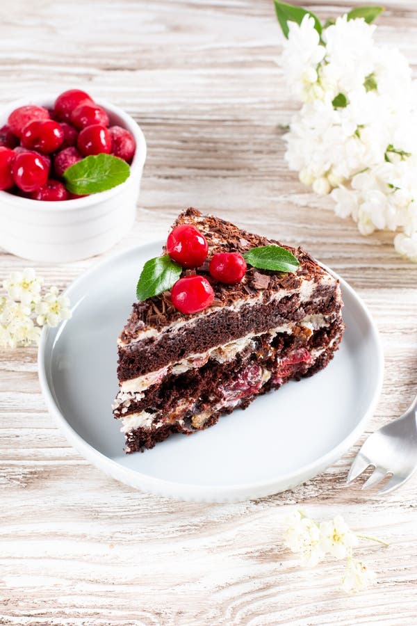 Chocolate Layered Sponge Cake with Cherries on a Plate on a Table Stock ...