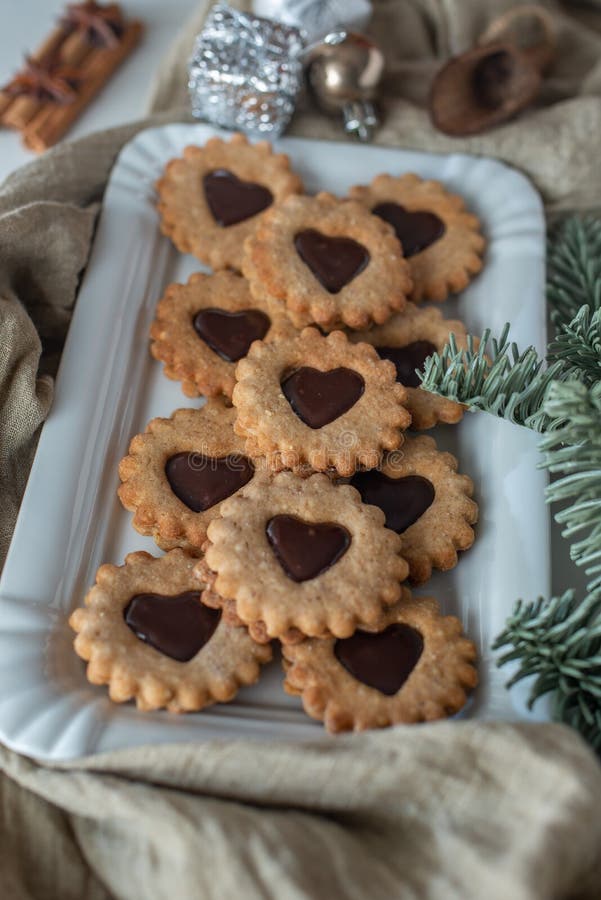 Chocolate Linzer Cookies, Typical German Christmas Cookies Stock Photo ...