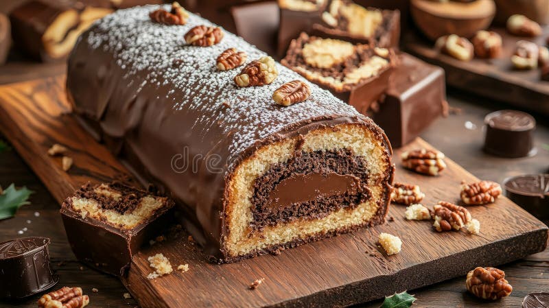 Chocolate Log Pastry on Rustic Wooden Board Stock Photo - Image of pecan, board: 365233332