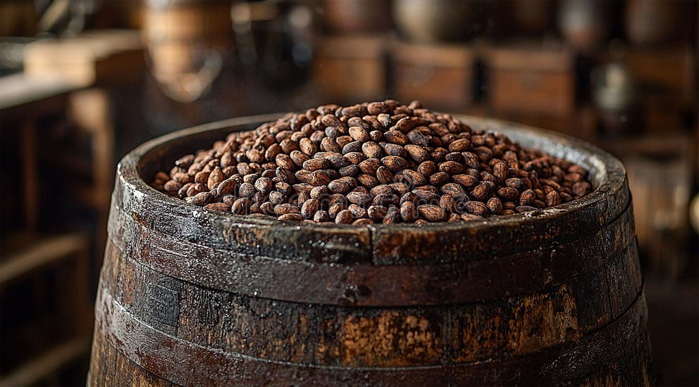 The Chocolate Making Process with Dry Cacao Beans in a Large Barrel ...