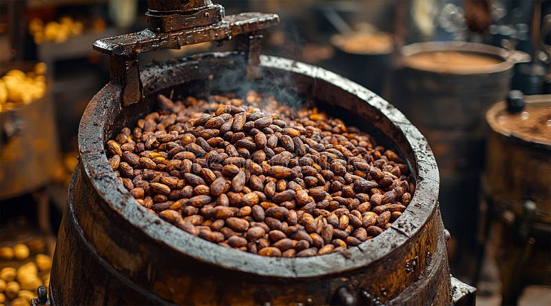 The Chocolate Making Process with Dry Cacao Beans in a Large Barrel ...