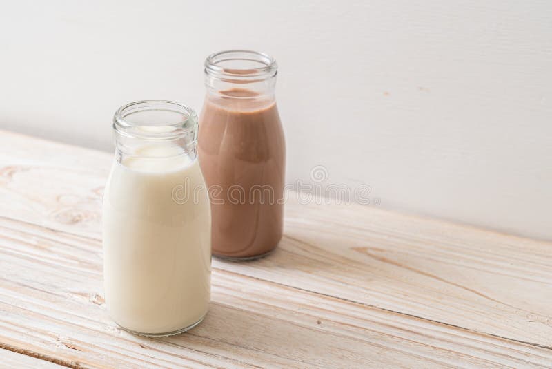 Chocolate Milk and Fresh Milk in Bottle Stock Photo - Image of cream ...