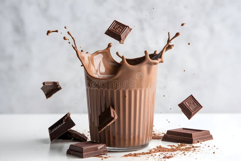 Chocolate Milk Splashes Dynamically with Falling Chocolate Pieces ...