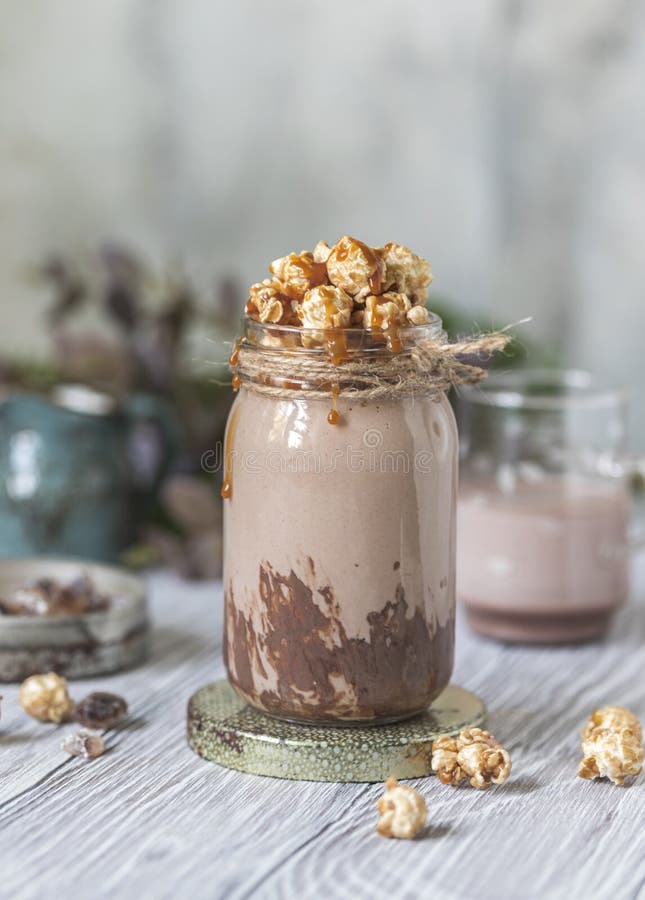 Chocolate Milkshake with Caramel Popcorn. Selective Focus Stock Photo ...