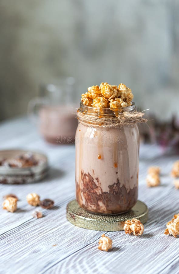 Chocolate Milkshake with Caramel Popcorn. Selective Focus Stock Image ...