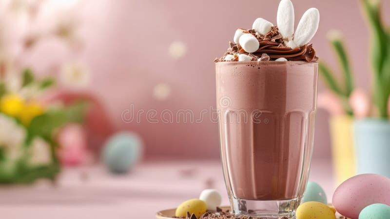 Chocolate Milkshake with Marshmallows and Easter Decorations. Easter ...