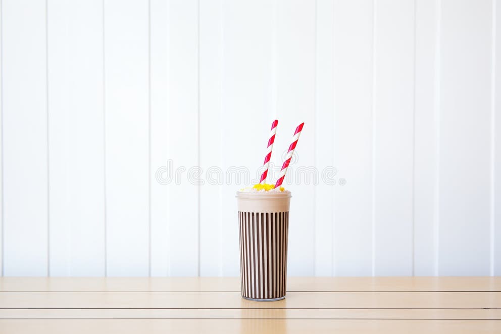 Chocolate Milkshake with a Striped Straw on a White Table Stock Image ...