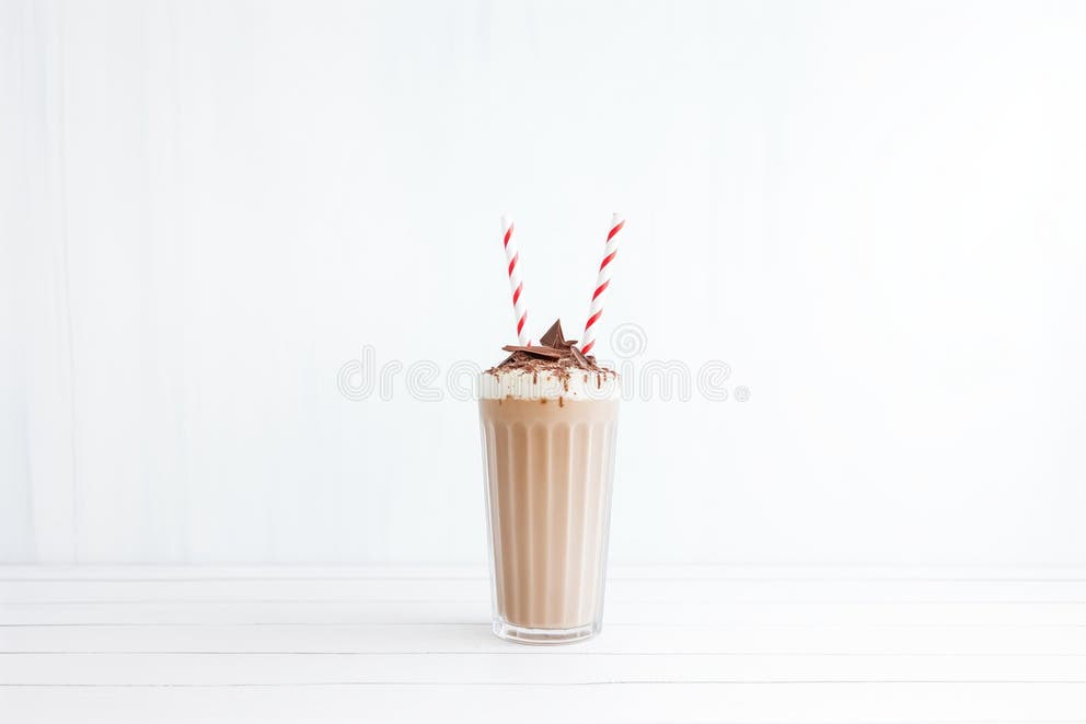 Chocolate Milkshake with a Striped Straw on a White Table Stock Photo ...