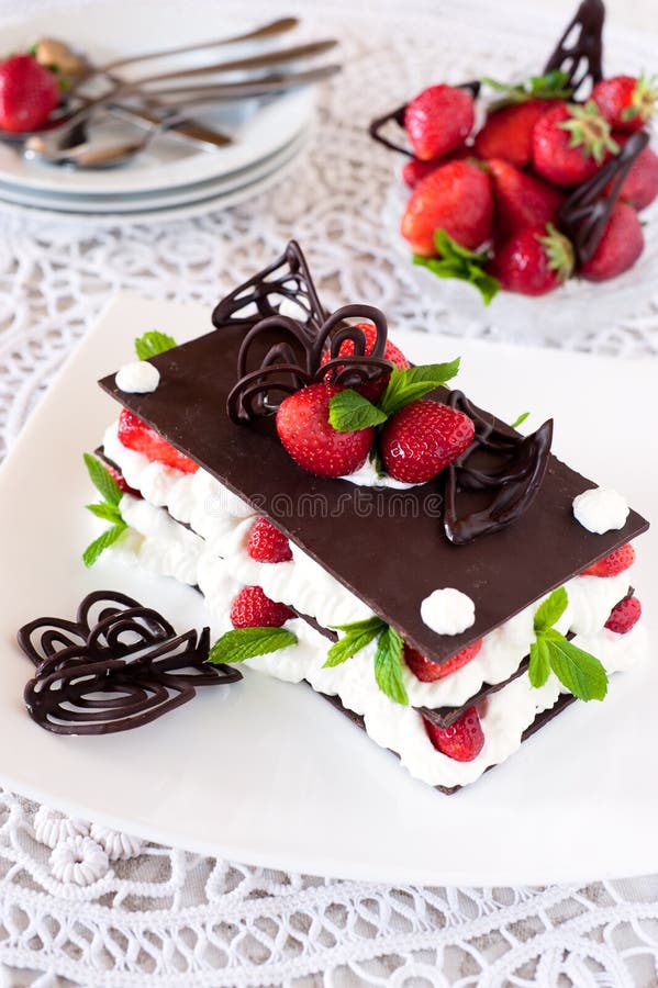 Chocolate Mille-Feuille with Strawberries Stock Image - Image of cake ...