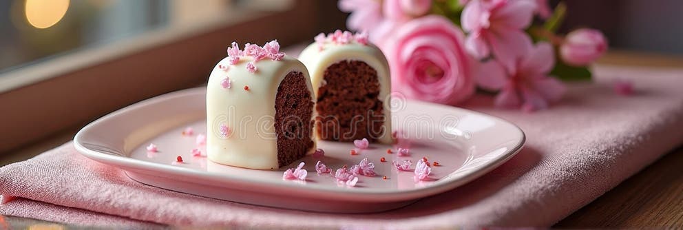 Chocolate Mini Cake with White Icing and Pink Flowers on Elegant ...