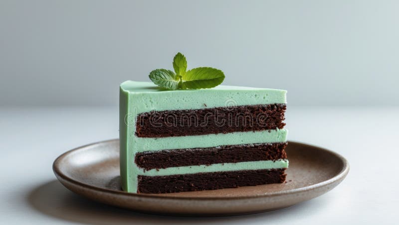Chocolate Mint Layer Cake Slice with Mint Garnish on Brown Plate Stock ...