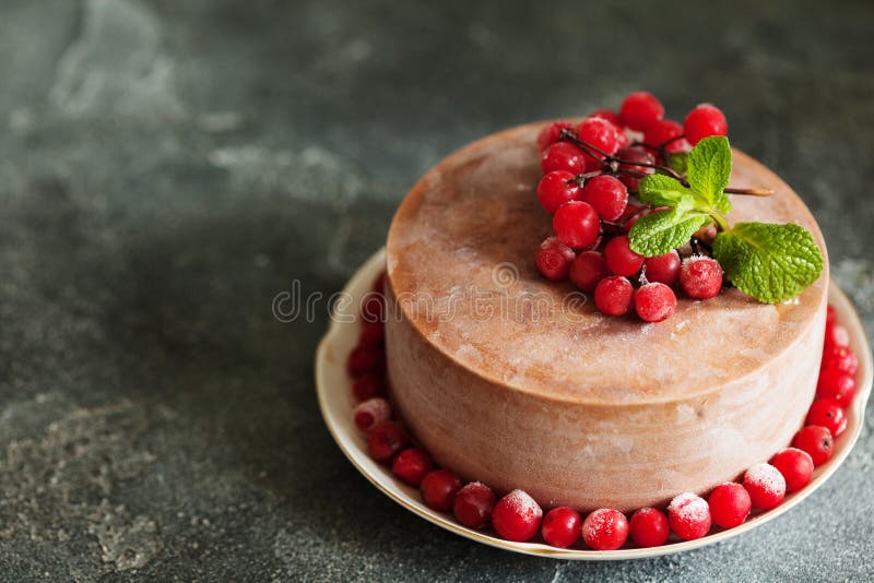 Chocolate Mousse Cake with Lingonberry Fruits and Mint Copy Space Stock ...