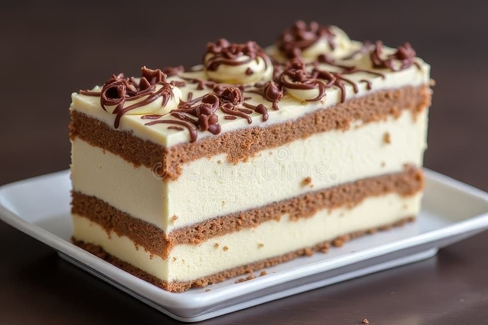 Chocolate Mousse Cake with White Ganache Topping and Decorative Swirls ...