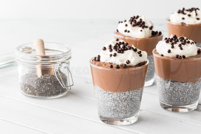 Chocolate Mousse Chia Pudding Cups with Chia Seeds in a Jar To the Side ...