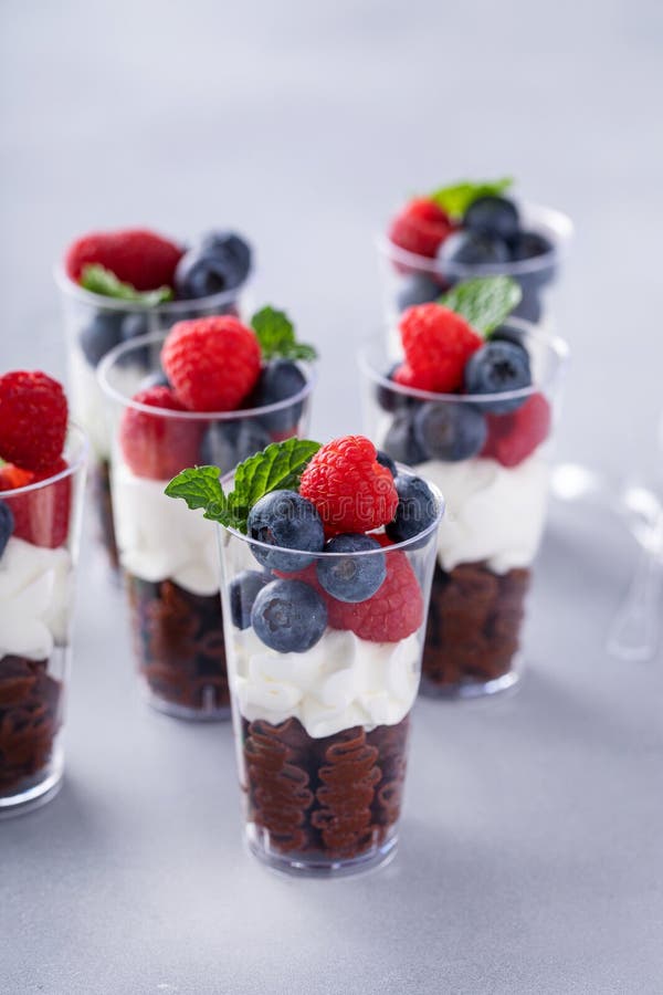 Chocolate Mousse in Cups Topped with Whipped Cream and Berries Stock ...