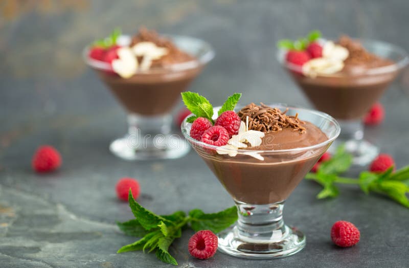 Chocolate Mousse with Raspberry, Mint and Almonds Stock Photo - Image ...